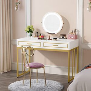 Tribesigns Computer Desk with Drawers, 47 Inch White and Gold Desk, Simple Modern Study Writing Desks with Storage, Make Up Vanity Console Table for Home Office, Bedroom, Living Room