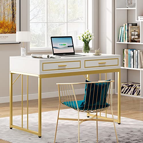 Tribesigns Computer Desk with Drawers, 47 Inch White and Gold Desk, Simple Modern Study Writing Desks with Storage, Make Up Vanity Console Table for Home Office, Bedroom, Living Room