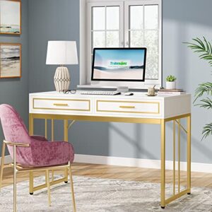 Tribesigns Computer Desk with Drawers, 47 Inch White and Gold Desk, Simple Modern Study Writing Desks with Storage, Make Up Vanity Console Table for Home Office, Bedroom, Living Room