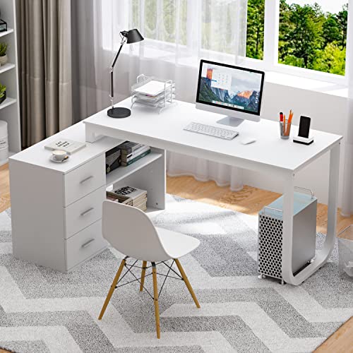 FUFU&GAGA Large L-Shaped 55.1" Office Desk with 41.3" File Cabinet, Corner Computer Desk with 3 Drawers & 2 Shelves, Workstation Executive Desk with Storage Shelf for Home Office - White