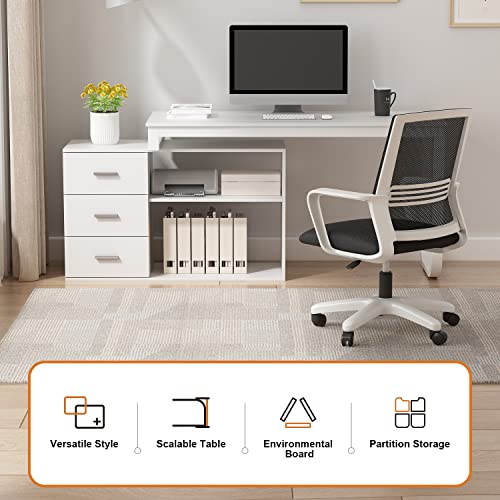 FUFU&GAGA Large L-Shaped 55.1" Office Desk with 41.3" File Cabinet, Corner Computer Desk with 3 Drawers & 2 Shelves, Workstation Executive Desk with Storage Shelf for Home Office - White