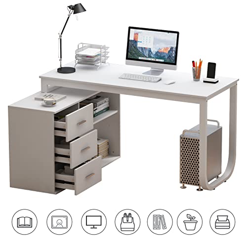 FUFU&GAGA Large L-Shaped 55.1" Office Desk with 41.3" File Cabinet, Corner Computer Desk with 3 Drawers & 2 Shelves, Workstation Executive Desk with Storage Shelf for Home Office - White