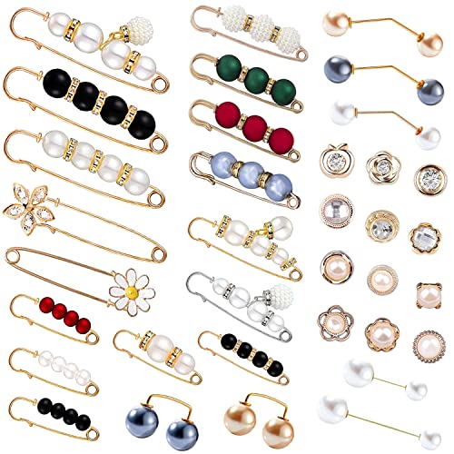 35 Pcs Pearl Brooch, Sweater Shawl Hat Clip Neckline Pins Double Faux Pearl Brooches for Women Girls Fashion Cover Up Buttons Clothing Dresses Decoration Accessories Pant Waist Tightener Safety Pins