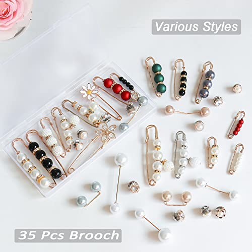 35 Pcs Pearl Brooch, Sweater Shawl Hat Clip Neckline Pins Double Faux Pearl Brooches for Women Girls Fashion Cover Up Buttons Clothing Dresses Decoration Accessories Pant Waist Tightener Safety Pins