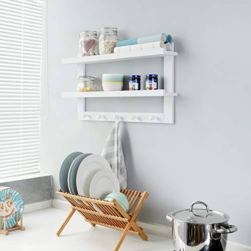 JOLLYMER Wall Hooks with Shelf 28.9 Inch Coat Rack with Shelf 2-Tier Entryway Floating Wall Hanging Shelf Wall-Mounted Coat Rack Shelf with 5 Hooks for Hallway, Bathroom, Living Room, Bedroom (White)