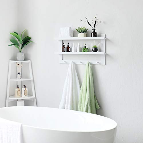 JOLLYMER Wall Hooks with Shelf 28.9 Inch Coat Rack with Shelf 2-Tier Entryway Floating Wall Hanging Shelf Wall-Mounted Coat Rack Shelf with 5 Hooks for Hallway, Bathroom, Living Room, Bedroom (White)