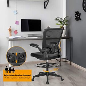 MEDIMALL High Back Mesh Drafting Chair, Tall Office Chair w/Flip-up Armrests & Footrest Ring, Height Adjustable Design, Solid Metal Frame, Rolling Ergonomic Desk Chair for Home Office