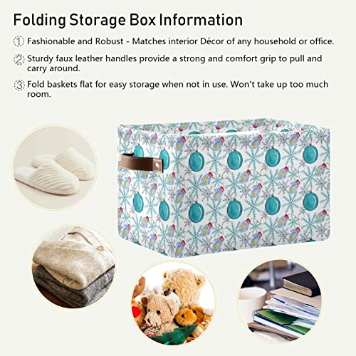 Kigai Storage Basket Blue Christmas Snowflake Balloons Storage Bin with Handle, Large Storage Cube Collapsible for Shelves Closet Bedroom Living Room 1PC