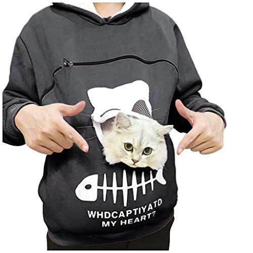 ceangrtro Cat Hoodie for Women Cat Pouch Hoodie Kitten Print Cat Carrying Hoodie Pet Pouch Cute Hoodies for Teen Girls Dark Gray