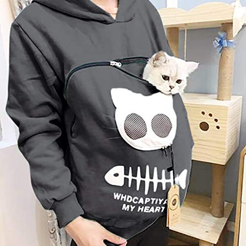 ceangrtro Cat Hoodie for Women Cat Pouch Hoodie Kitten Print Cat Carrying Hoodie Pet Pouch Cute Hoodies for Teen Girls Dark Gray