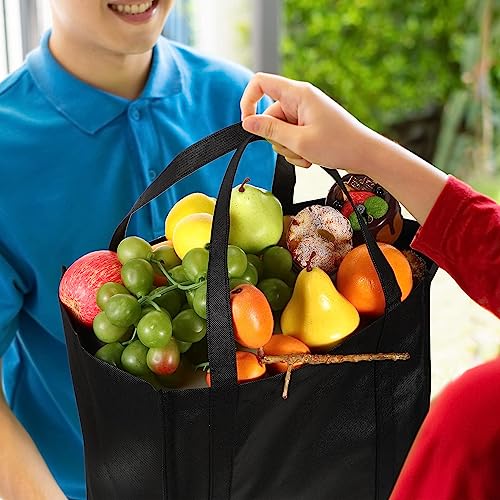 16 Pcs Reusable Grocery Bags Large Foldable Shopping Bags Non Woven Reusable Bags for Groceries Heavy Duty Grocery Tote Bags with Reinforced Handles and Sturdy Bottom, Black