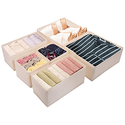 ShellKingdom Dresser Drawer Organizer, Foldable Cloth Storage Box Closet Cube Basket Bins Containers Divider for Underwear, Bras, Ties, Socks, clothing (Set of 6, Beige)