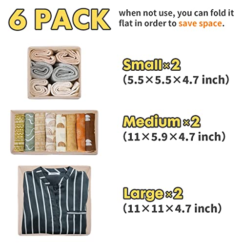 ShellKingdom Dresser Drawer Organizer, Foldable Cloth Storage Box Closet Cube Basket Bins Containers Divider for Underwear, Bras, Ties, Socks, clothing (Set of 6, Beige)