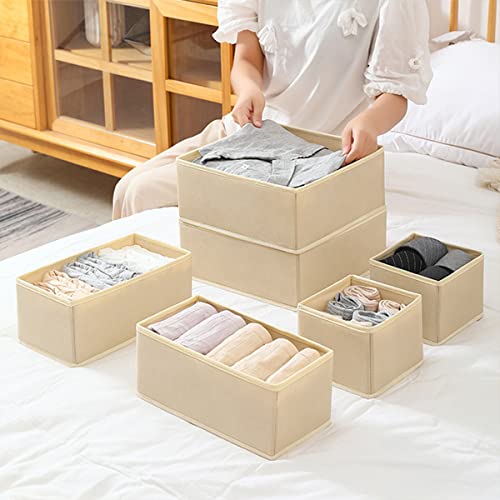 ShellKingdom Dresser Drawer Organizer, Foldable Cloth Storage Box Closet Cube Basket Bins Containers Divider for Underwear, Bras, Ties, Socks, clothing (Set of 6, Beige)