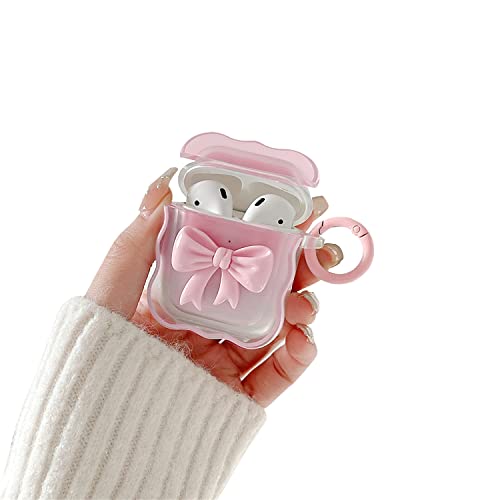 Ownest Compatible for AirPods Case Soft Clear TPU with Cute 3D Colour Bow Design Shockproof Keychain Cover for Girls Woman for Airpods 2 &1-Pink