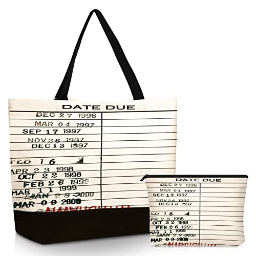 2 Pcs Library Due Date Tote Bag Library Due Date Cards Stamp Sign Canvas Toiletry Bag Vintage Tote Splicing Bag Library Book Bag Librarian Gifts for Women Teacher Graduation Book Lovers