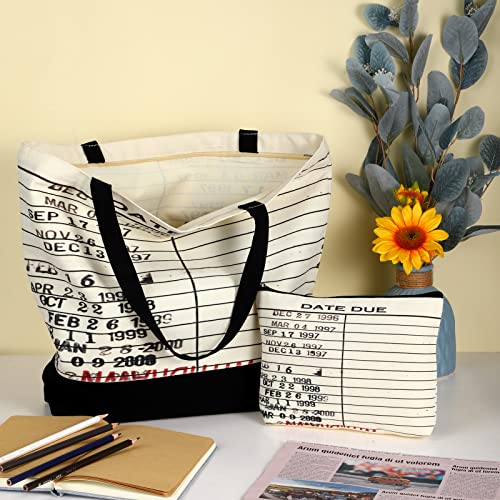 2 Pcs Library Due Date Tote Bag Library Due Date Cards Stamp Sign Canvas Toiletry Bag Vintage Tote Splicing Bag Library Book Bag Librarian Gifts for Women Teacher Graduation Book Lovers