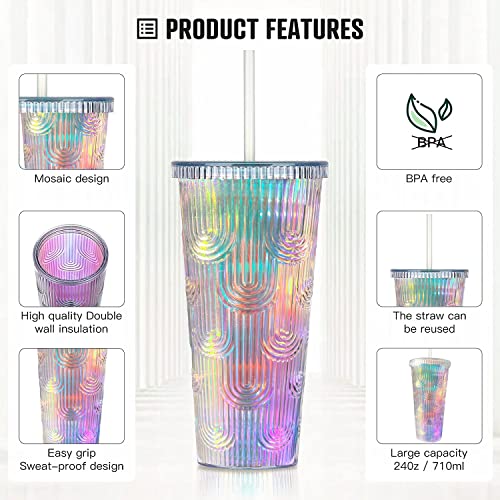 Bling NEW 24oz Tumbler with Lid and Straw Cups, Studded Fashion Water Ripple Double Venti Cups | 100% BPA FREE | Leakproof | Wide Mouth | Premium Quality Gifts