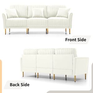 KIVENJAJA Velvet 3-Seater Sofa Couch, Modern Channel Tufted 3 Seat Couches with 2 Pillows & Gold Metal Legs for Living Room Bedroom Apartment, 78”W (Beige)