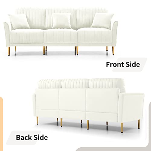 KIVENJAJA Velvet 3-Seater Sofa Couch, Modern Channel Tufted 3 Seat Couches with 2 Pillows & Gold Metal Legs for Living Room Bedroom Apartment, 78”W (Beige)