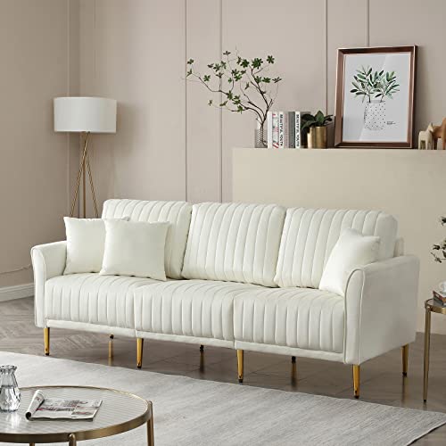 KIVENJAJA Velvet 3-Seater Sofa Couch, Modern Channel Tufted 3 Seat Couches with 2 Pillows & Gold Metal Legs for Living Room Bedroom Apartment, 78”W (Beige)