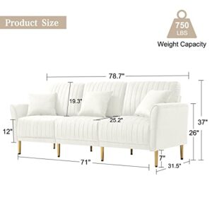 KIVENJAJA Velvet 3-Seater Sofa Couch, Modern Channel Tufted 3 Seat Couches with 2 Pillows & Gold Metal Legs for Living Room Bedroom Apartment, 78”W (Beige)