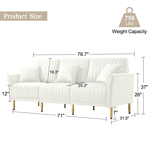 KIVENJAJA Velvet 3-Seater Sofa Couch, Modern Channel Tufted 3 Seat Couches with 2 Pillows & Gold Metal Legs for Living Room Bedroom Apartment, 78”W (Beige)