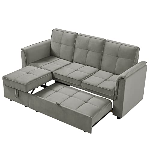 AVZEAR 3 Seater Couch Sofa, Sectional Sofa Couch with Pull Out Bed Velvet Fabric Sectional L Shaped Sleeper Sofa Bed Large Sofa Solid Wood & Fabric Upholstered L-Shaped for Living Room (Grey)