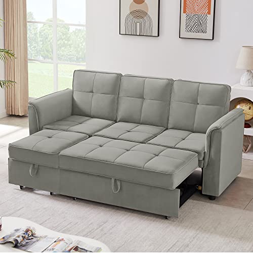 AVZEAR 3 Seater Couch Sofa, Sectional Sofa Couch with Pull Out Bed Velvet Fabric Sectional L Shaped Sleeper Sofa Bed Large Sofa Solid Wood & Fabric Upholstered L-Shaped for Living Room (Grey)