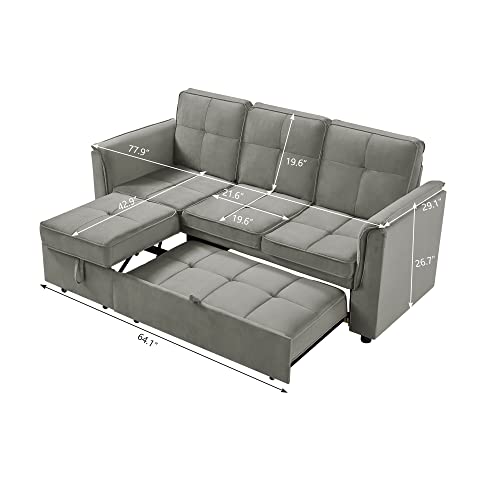 AVZEAR 3 Seater Couch Sofa, Sectional Sofa Couch with Pull Out Bed Velvet Fabric Sectional L Shaped Sleeper Sofa Bed Large Sofa Solid Wood & Fabric Upholstered L-Shaped for Living Room (Grey)