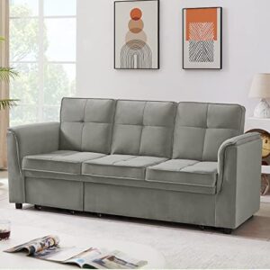 AVZEAR 3 Seater Couch Sofa, Sectional Sofa Couch with Pull Out Bed Velvet Fabric Sectional L Shaped Sleeper Sofa Bed Large Sofa Solid Wood & Fabric Upholstered L-Shaped for Living Room (Grey)