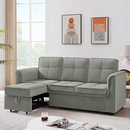 AVZEAR 3 Seater Couch Sofa, Sectional Sofa Couch with Pull Out Bed Velvet Fabric Sectional L Shaped Sleeper Sofa Bed Large Sofa Solid Wood & Fabric Upholstered L-Shaped for Living Room (Grey)