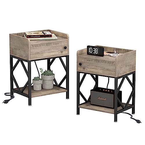 JAXPETY Set of 2 Industrial Wood Nightstand with Charging Station and USB Ports, Accent End Table with Storage and Shelf, Night Stand Bedside Table for Home Bedroom, Small Spaces, Washed Grey