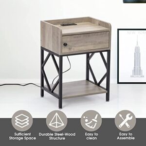 JAXPETY Set of 2 Industrial Wood Nightstand with Charging Station and USB Ports, Accent End Table with Storage and Shelf, Night Stand Bedside Table for Home Bedroom, Small Spaces, Washed Grey