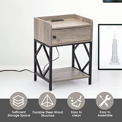 JAXPETY Set of 2 Industrial Wood Nightstand with Charging Station and USB Ports, Accent End Table with Storage and Shelf, Night Stand Bedside Table for Home Bedroom, Small Spaces, Washed Grey