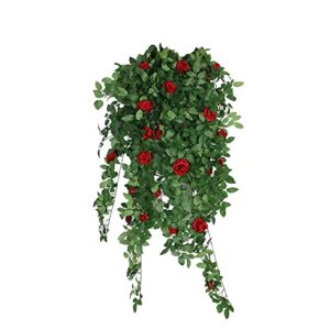 henjade 2 pieces artificial hanging flowers artificial rose vine hanging plants artificial flower for home room garden wedding indoor outdoor offiece room decor (red)