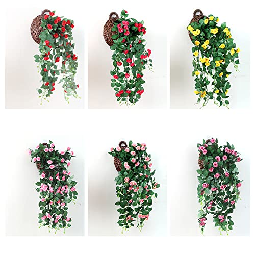 HENJADE 2 Pieces Artificial Hanging Flowers Artificial Rose Vine Hanging Plants Artificial Flower for Home Room Garden Wedding Indoor Outdoor Offiece Room Decor (Red)