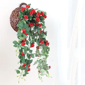 HENJADE 2 Pieces Artificial Hanging Flowers Artificial Rose Vine Hanging Plants Artificial Flower for Home Room Garden Wedding Indoor Outdoor Offiece Room Decor (Red)