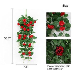 HENJADE 2 Pieces Artificial Hanging Flowers Artificial Rose Vine Hanging Plants Artificial Flower for Home Room Garden Wedding Indoor Outdoor Offiece Room Decor (Red)