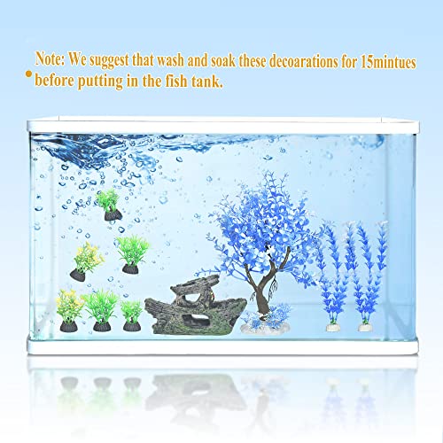 Sopicoz Aquarium Fish Tank Decorations, Blue Tree with Shipwreck Decor Sunken Ship Ornament, Artificial Plastic Plants Set for Betta Fish, Goldfish,Turtle 10pcs