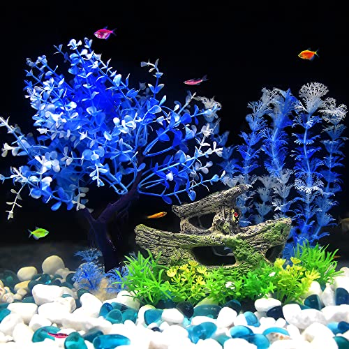 Sopicoz Aquarium Fish Tank Decorations, Blue Tree with Shipwreck Decor Sunken Ship Ornament, Artificial Plastic Plants Set for Betta Fish, Goldfish,Turtle 10pcs