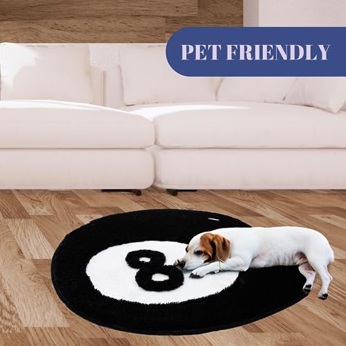 Beyond Deco 8 Ball Rug 35” Inches, Handmade Tufted Round Aesthetic Area Rugs, Fluffy & Preppy Decor 8ball Design, Perfect for Living Room, Bedroom, playroom Soft Cool Floor Carpet