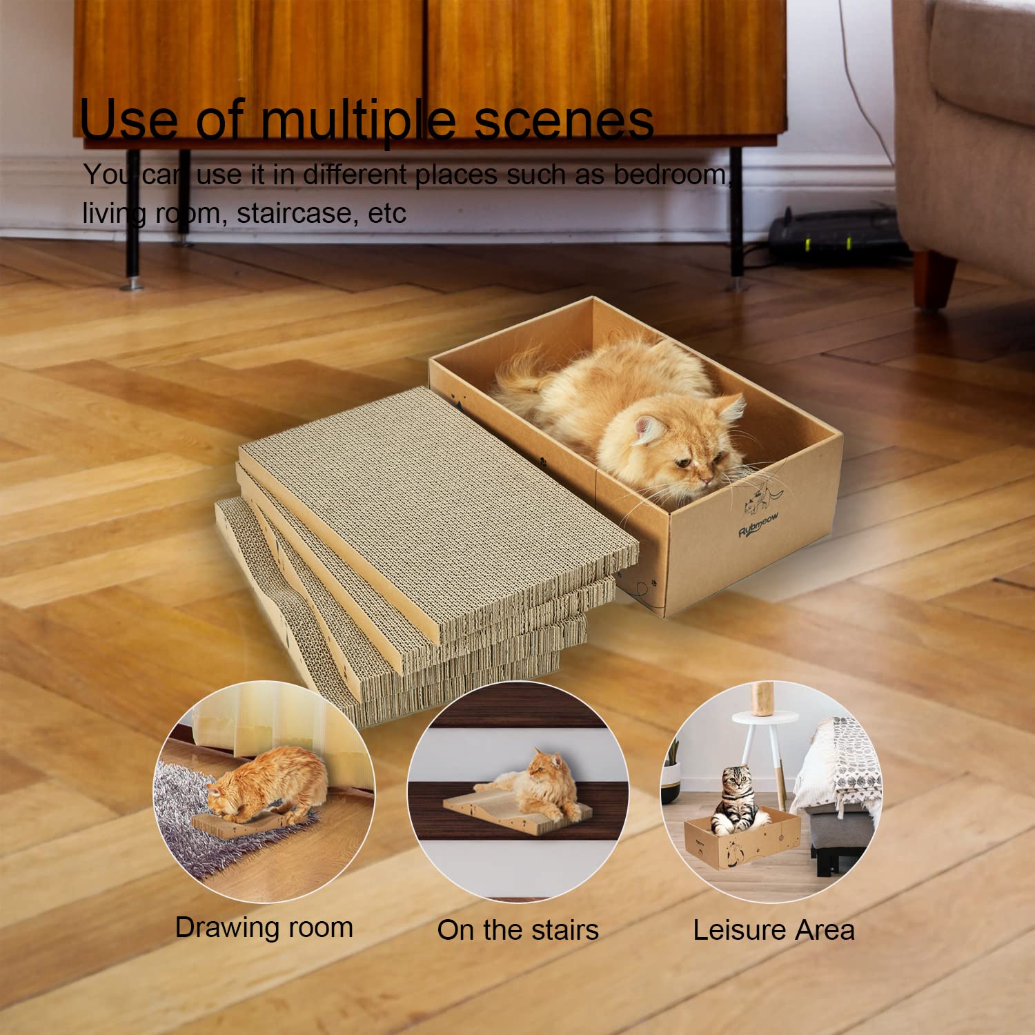 RUBMEOW Cat Scratcher Cardboard Cats Scratch Pad Box for Indoor Cats,5pcs Scratching Board Bed Reversible Durable,with Catnip