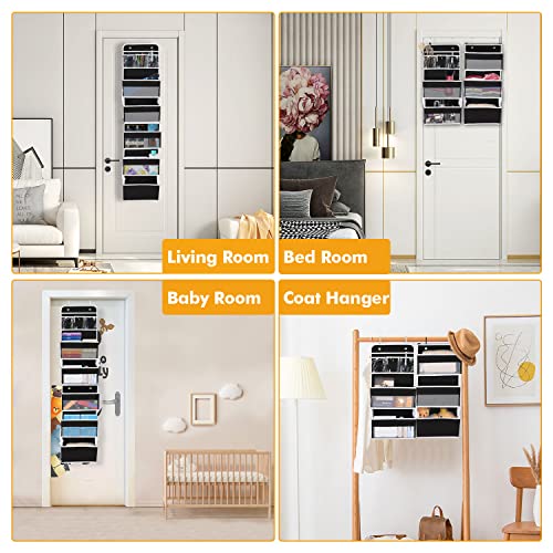 BrilliantJo 2 Packs 6-Shelf Over The Door Organizer, Flexible 1 Split into 2(4 Packs 3 Shelf) Hanging Storage Wall Mount with 4 Side Pockets, Swing-Proof Behind Door for Bathroom Closet, Black