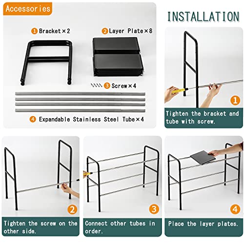 Under Sink Cabinet Shelf Organizer, Expandable Metal Under Sink Rack Storage with 8 Removable Panels for Kitchen Bathroom, 2 Tiers, Black