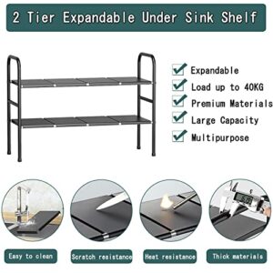 Under Sink Cabinet Shelf Organizer, Expandable Metal Under Sink Rack Storage with 8 Removable Panels for Kitchen Bathroom, 2 Tiers, Black