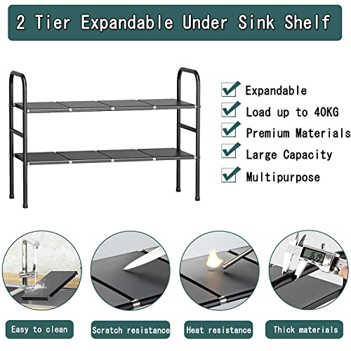 Under Sink Cabinet Shelf Organizer, Expandable Metal Under Sink Rack Storage with 8 Removable Panels for Kitchen Bathroom, 2 Tiers, Black