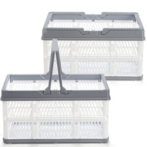 kingrol 2 pack collapsible crates for storage, plastic baskets with handles for home office laundry room shelves organizer, portable shower caddy, 15 x 9.8 x 8 inch, white/gray