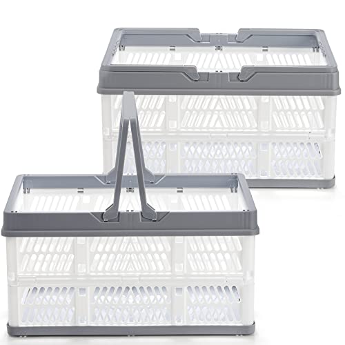 Kingrol 2 Pack Collapsible Crates for Storage, Plastic Baskets with Handles for Home Office Laundry Room Shelves Organizer, Portable Shower Caddy, 15 x 9.8 x 8 Inch, White/Gray