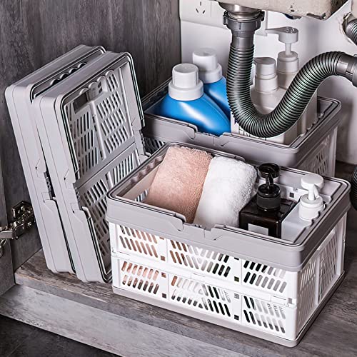 Kingrol 2 Pack Collapsible Crates for Storage, Plastic Baskets with Handles for Home Office Laundry Room Shelves Organizer, Portable Shower Caddy, 15 x 9.8 x 8 Inch, White/Gray